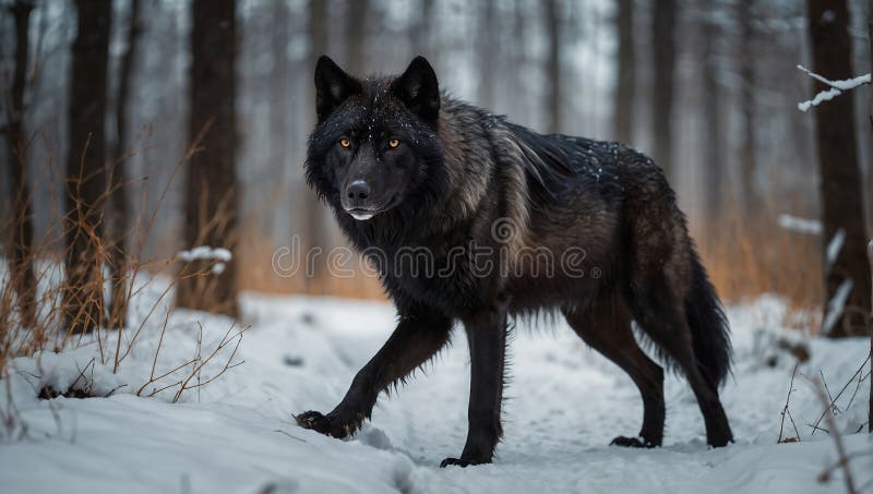 Black Wolf Standing on a Forest Path in Winter Close-up Stock ...