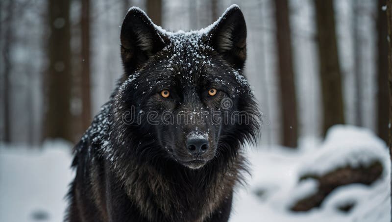 Black Wolf Standing on a Forest Path in Winter Close-up Stock ...