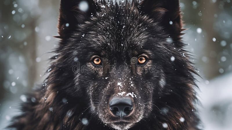 Black Wolf Stands in a Snowy Landscape, Looking Up in Curiosity at the ...