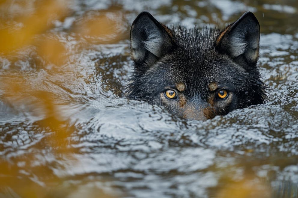 Black Wolf Swimming with Intense Orange Eyes in a River Stock Photo ...