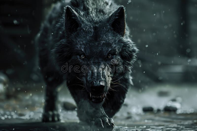 A Black Wolf Walking through a Puddle of Water. Suitable for Wildlife ...