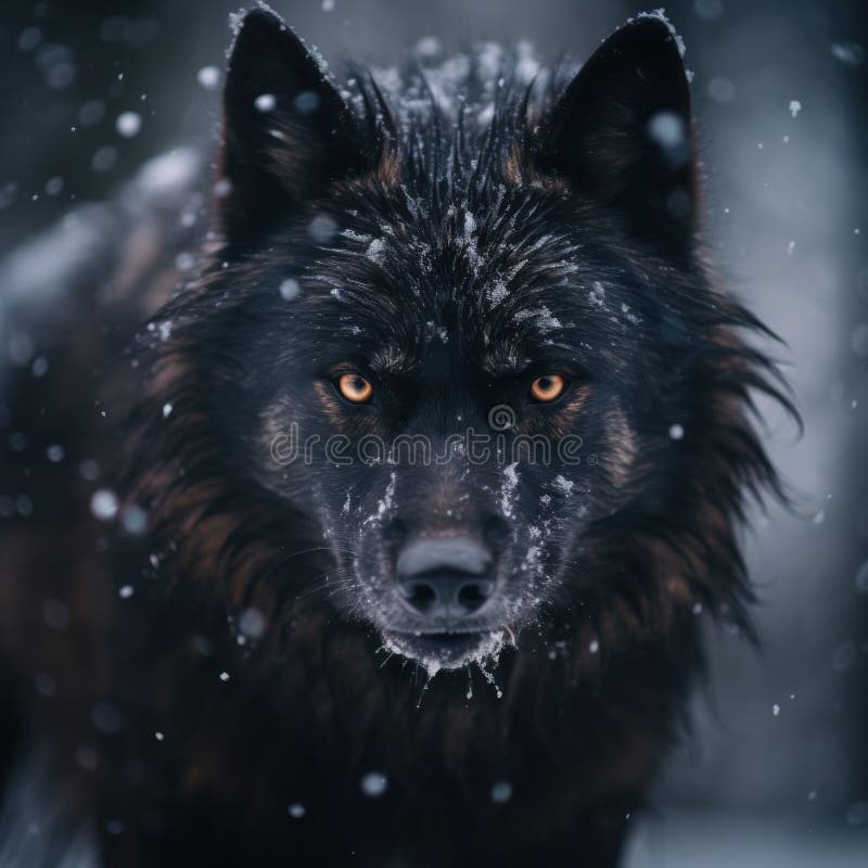A Black Wolf with Yellow Eyes in the Snow, AI Stock Photo - Image of ...
