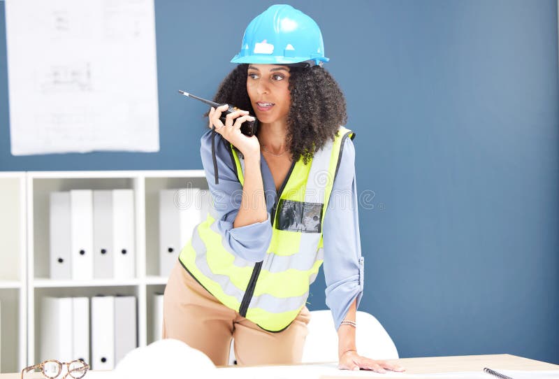 Black Woman Architect or Construction Worker with Walkie Talkie for ...