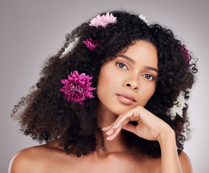 Black Woman Beauty And Portrait With Flower Hair In Cosmetics Or