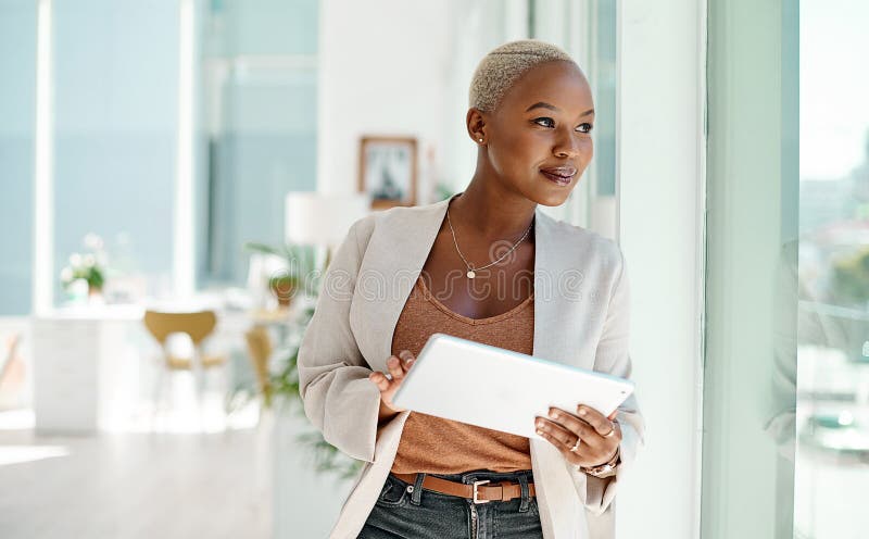 Black Woman, Business and Office with Tablet for Thinking, Website ...