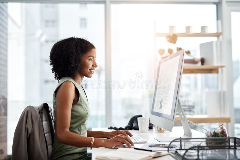 Black Woman in Business, Reading on Computer Screen and Analysis with ...