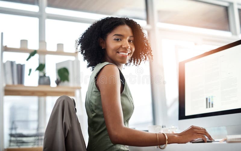 Black Woman in Business, Smile in Portrait and Computer Screen with ...