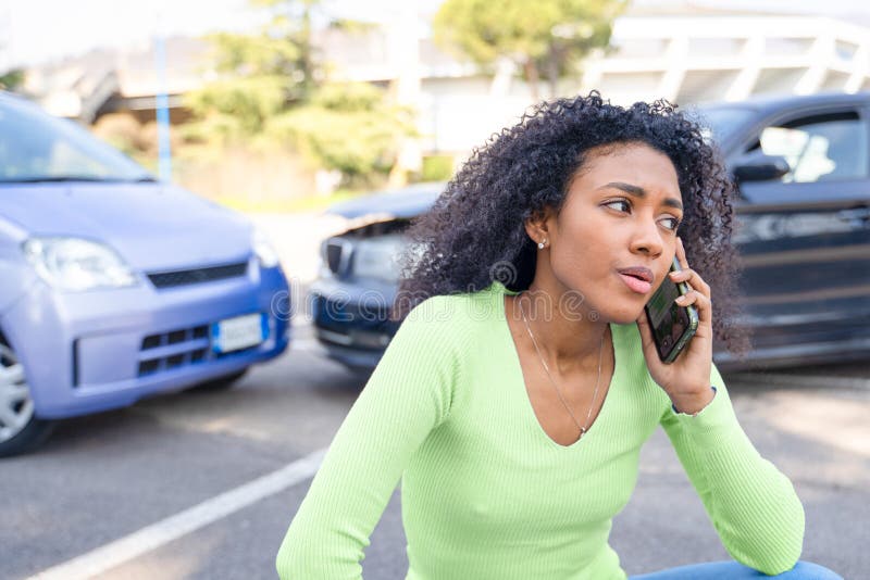 Black Woman Calling Roadside Service Insurance Support after Car Crash ...