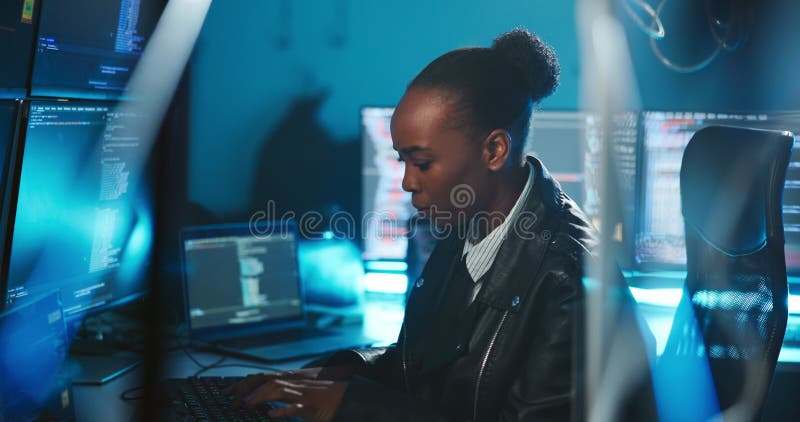 Black Woman, Computer and Typing for Cybersecurity at Office, Code or Problem Solving with ...