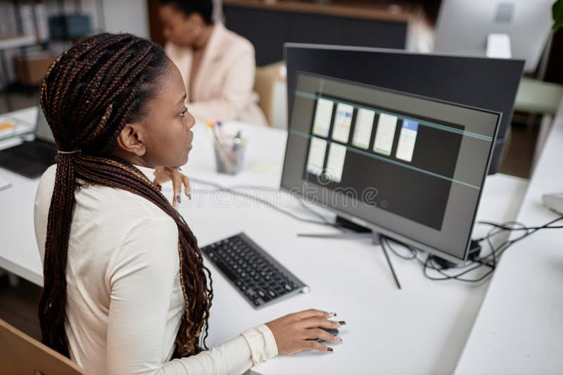 Black Woman Designing App on Computer in Office Stock Image - Image of ...