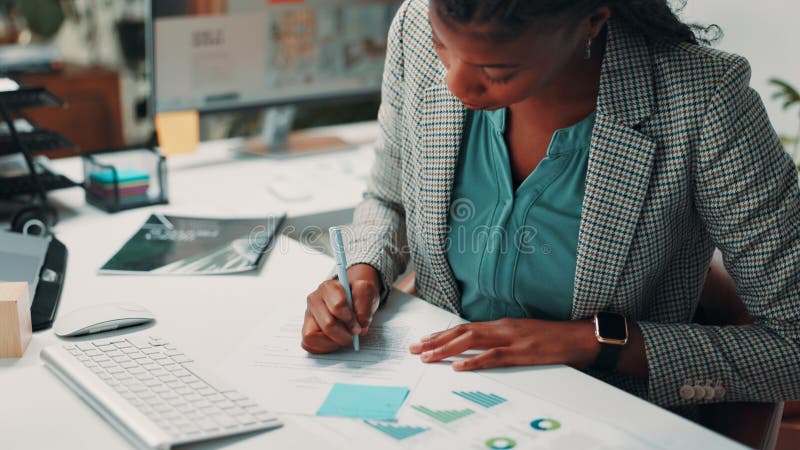 Black Woman, Documents and Notes by Computer in Office for Project ...