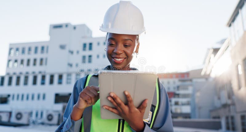 Black Woman, Engineer and Tablet on Rooftop for Construction Planning ...