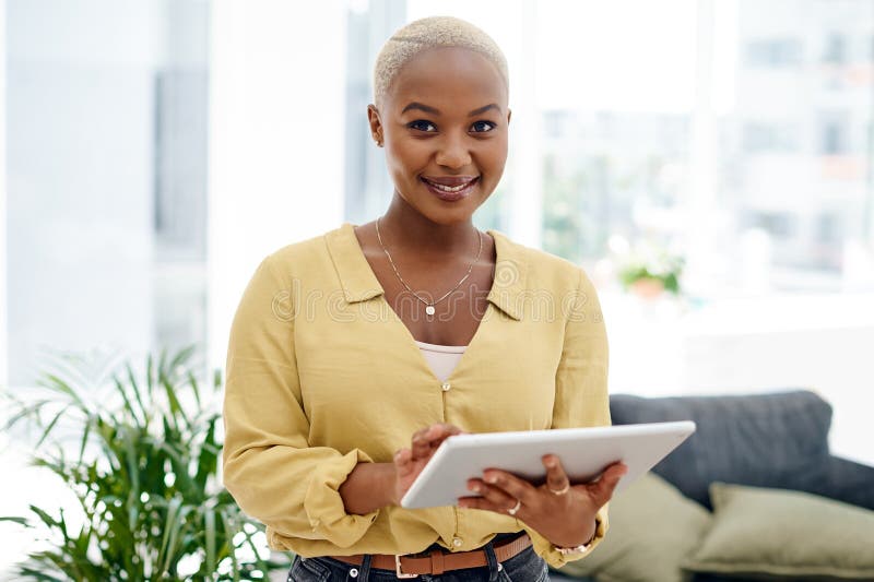 Black Woman, Happy and Portrait with Tablet for Business, Website ...