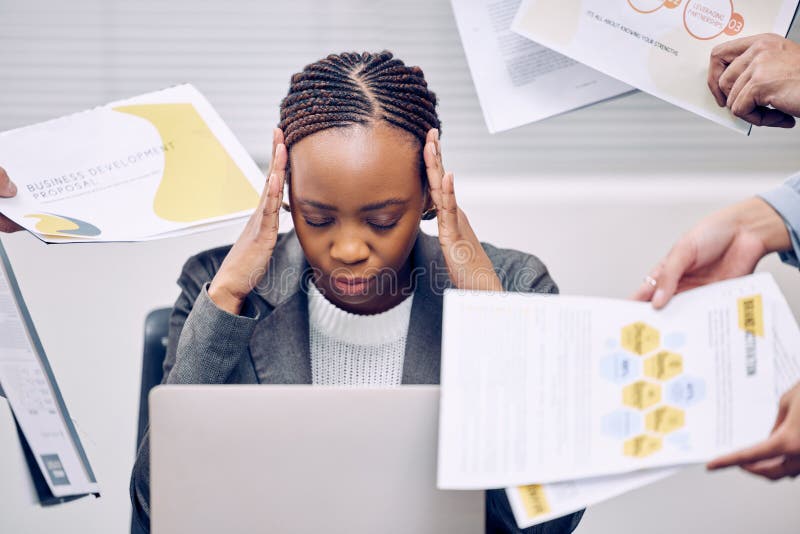 Black Woman Headache And Stress With Documents In Chaos Burnout Or