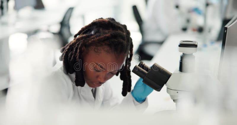 Black Woman, Microscope and Research with Process at Laboratory ...
