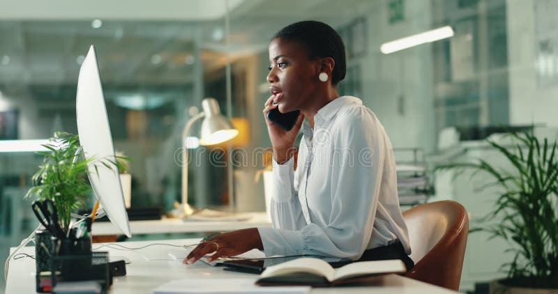 Black Woman, Phone Call and Computer in Office with Documents for ...