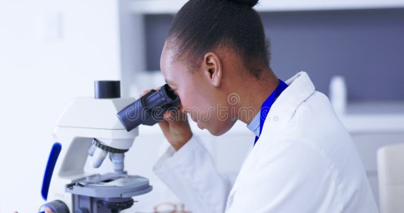 Black Woman, Scientist and Face with Microscope, Analysis of DNA for ...
