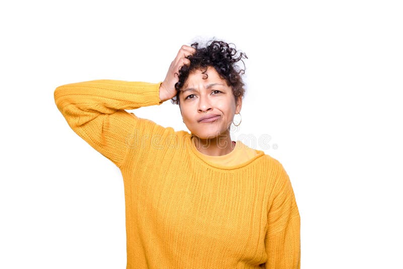 Black Woman Scratching Head and Frowning Thinking about Problem Solving ...