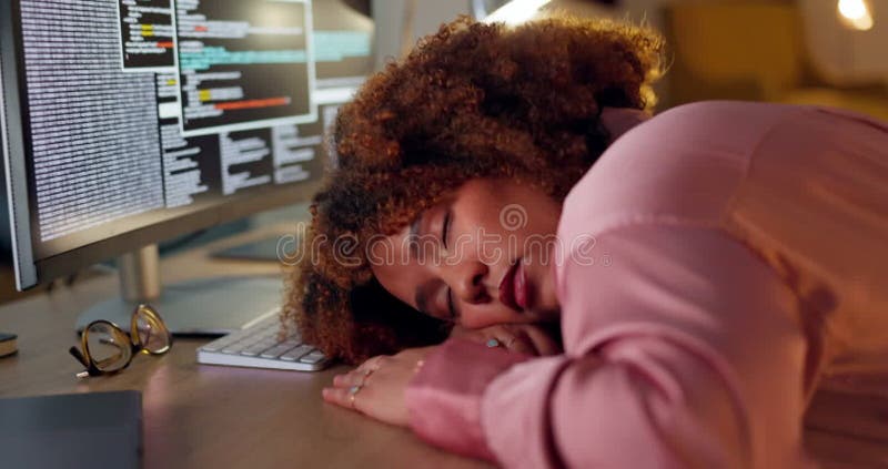 Black Woman Sleeping, Fatigue and Coding with Night Shift, Overtime and Deadline, Computer ...