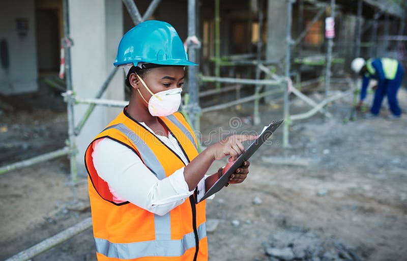 Black Woman, Tablet and Construction for Engineering, Planning and Site ...