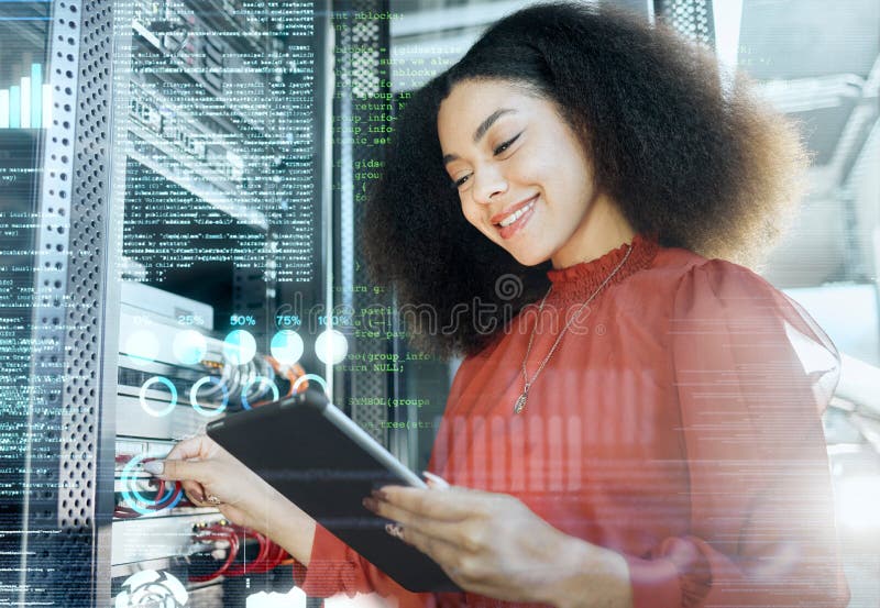 Black Woman Tablet And Server Check Internet Connection Cyber Security Or Coding Programming