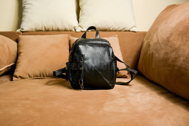 Black Women Bag on a Brown Sofa Stock Image - Image of pillow, room ...