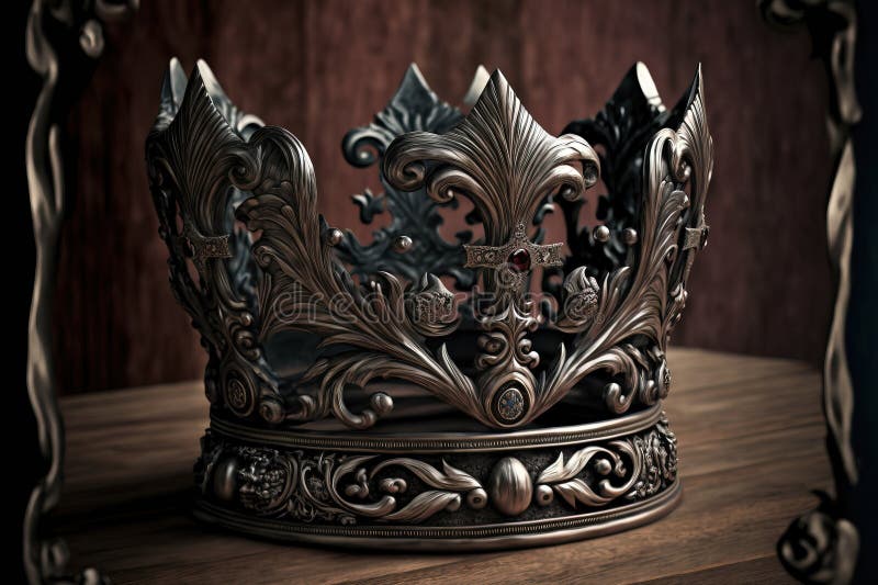 A Black Wood Table with a Silver Metal King or Queens Crown on it Stock ...