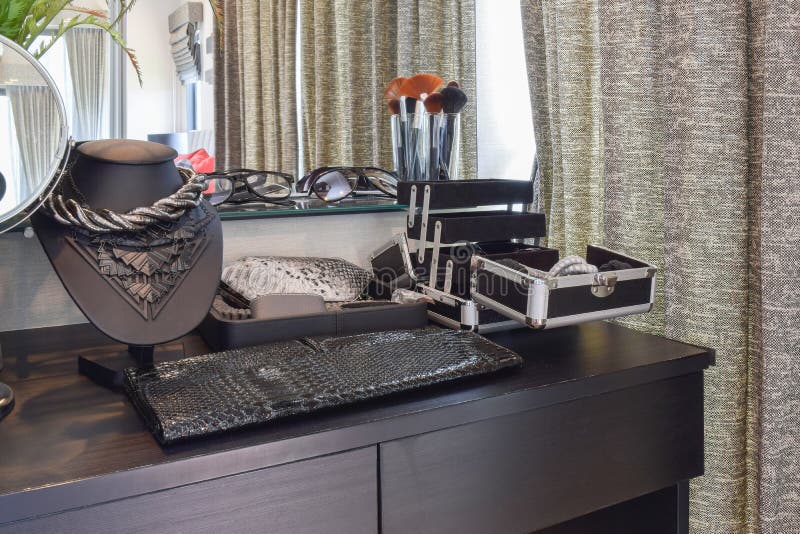 Black Wooden Dressing Table with Accessories at Home Stock Image ...