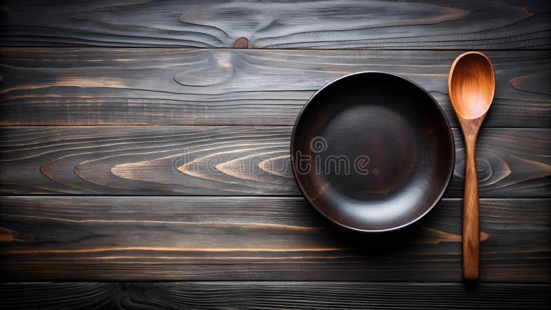Black Wooden Spoon and Plate on Dark Wooden Table Stock Image - Image ...