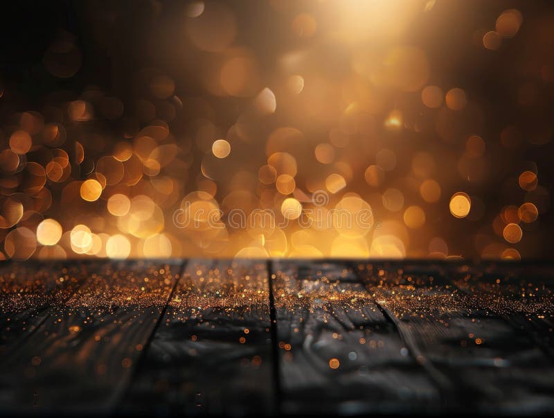 Black Wooden Surface with Golden Bokeh Lights Stock Illustration ...