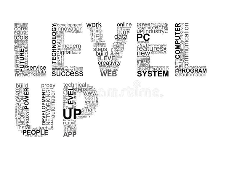 Black Words LEVEL UP with Technology Words Inside. Concept with Cloud ...