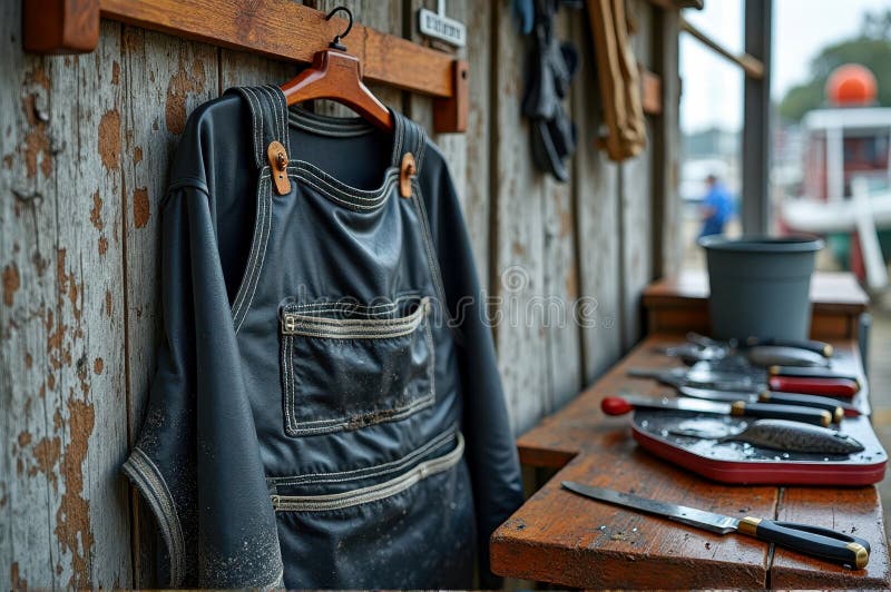 Black Work Apron Hanging in Rustic Workshop with Tools on Wooden Table ...