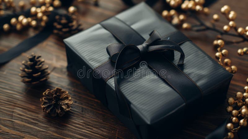 Black Wrapped Present on Wooden Table Stock Photo - Image of wood, wrap ...