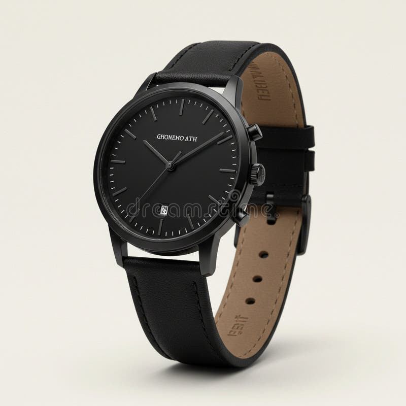 Black Wristwatch with a Minimalist Design, Featuring a Round Dial and ...