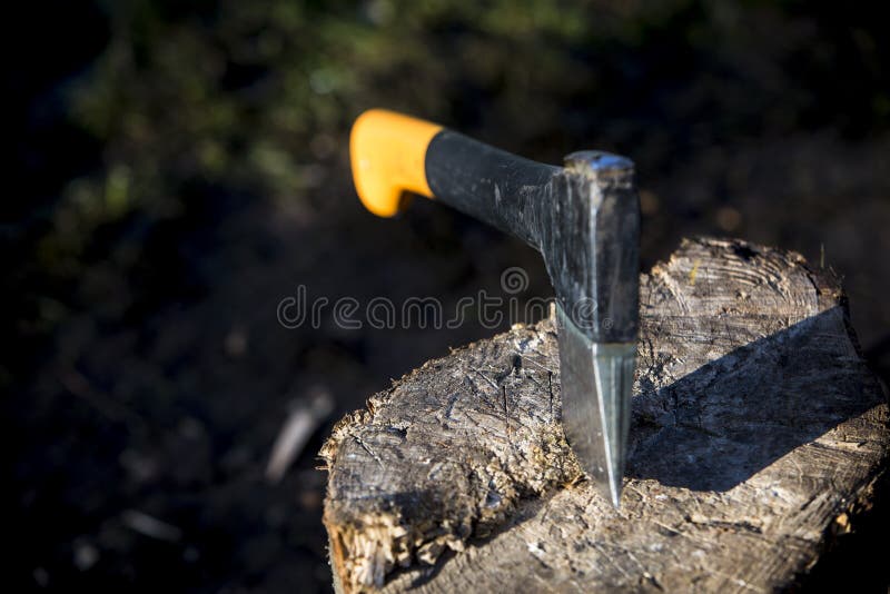 An Black and Yellow Axe in Wood Outdoors Stock Image - Image of black ...