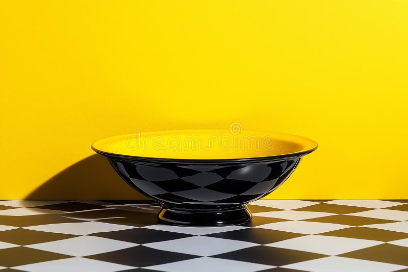Black and Yellow Bowl on Checkered Floor Against Bright Yellow ...