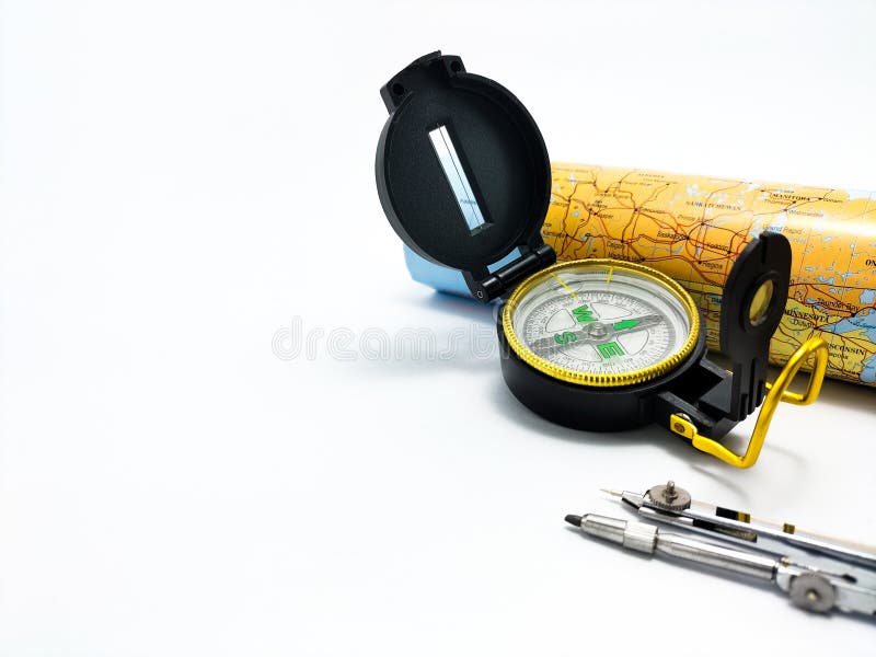 Compass and Map on White Background Stock Photo - Image of roads ...