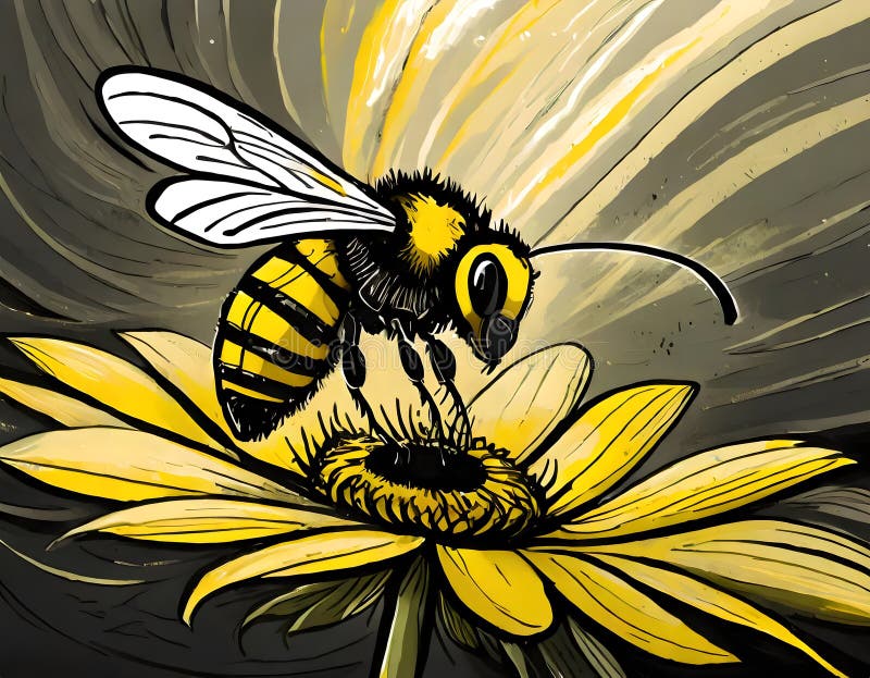 A Black and Yellow Drawing of a Bee on a Yellow Flower Stock ...