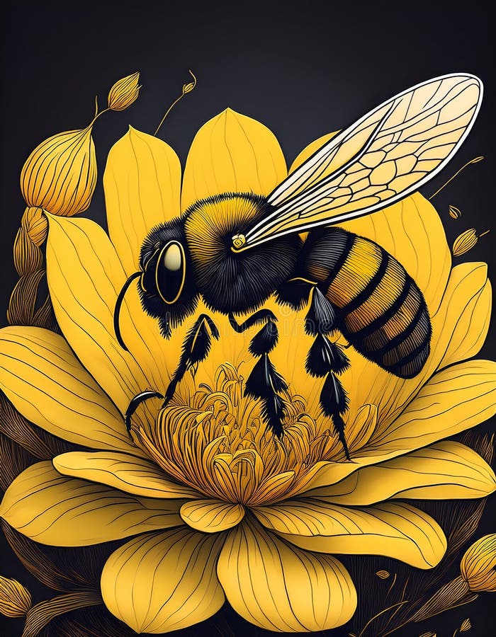 A Black and Yellow Drawing of a Bee on a Yellow Flower Stock ...