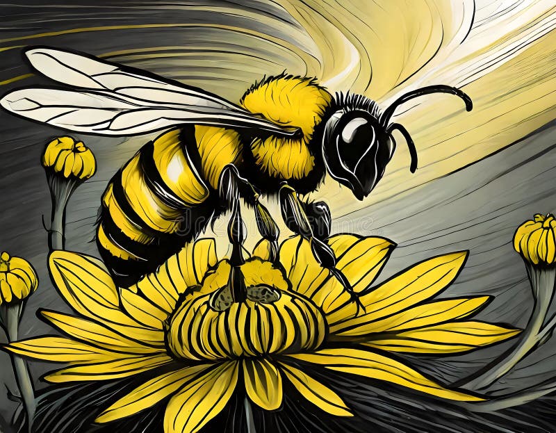 A Black and Yellow Drawing of a Bee on a Yellow Flower Stock ...