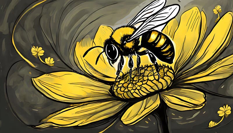A Black and Yellow Drawing of a Bee on a Yellow Flower Stock ...