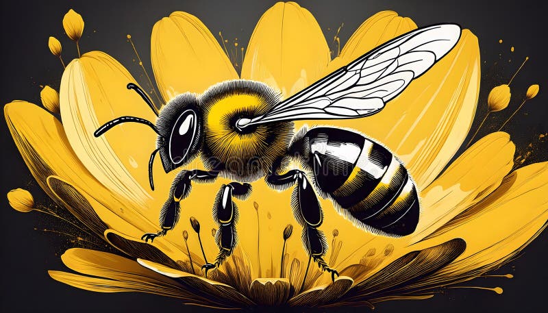 A Black and Yellow Drawing of a Bee on a Yellow Flower Stock ...