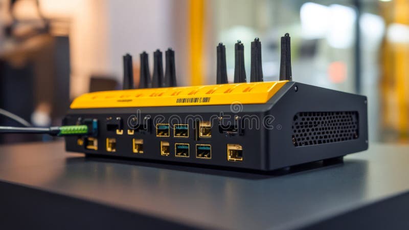Black and Yellow Industrial Network Device with Multiple Antennas Stock ...