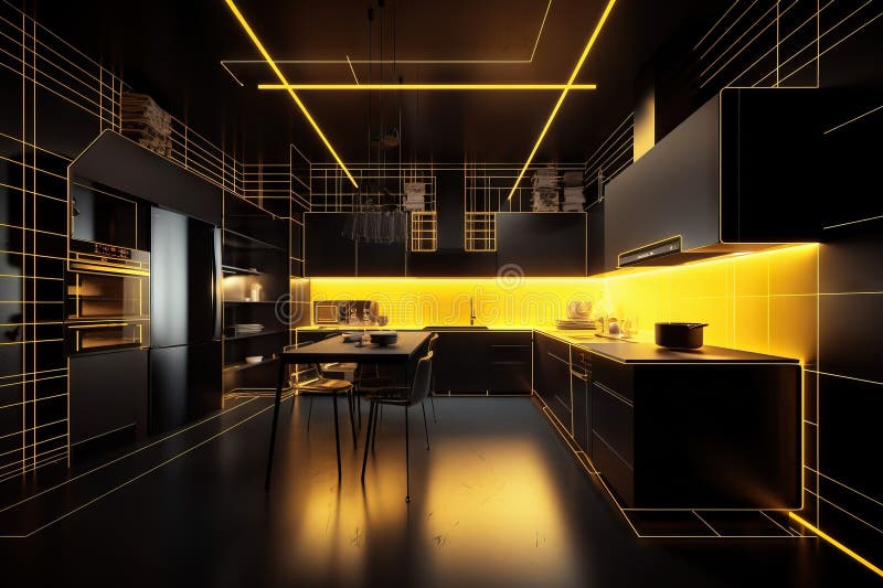 A Black and Yellow Kitchen with a Table in the Middle of the Room and ...