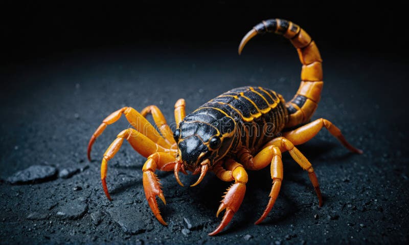 A Black and Yellow Scorpion with a Curled Tail is Positioned on a Black ...