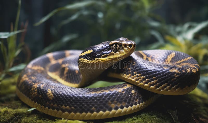 A Black and Yellow Snake Rests Coiled on the Ground in a Jungle Setting ...
