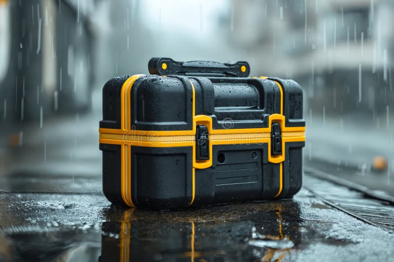 A Black and Yellow Tool Box Sitting on a Wet Surface in the Rain ...