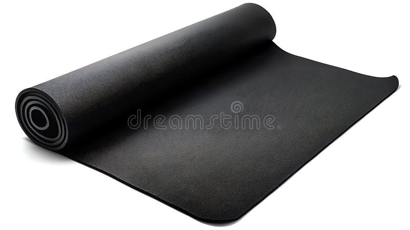 A Black Yoga Mat is Rolled Up and Laying on a White Background Stock ...
