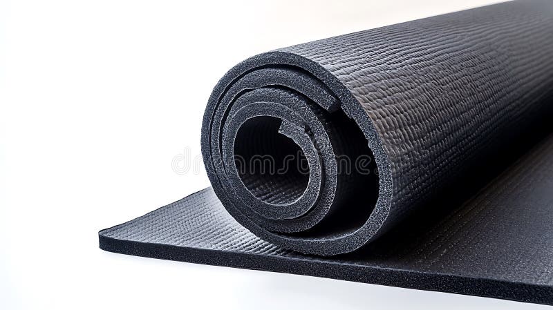 A Black Yoga Mat is Rolled Up and Placed on a White Background Stock ...