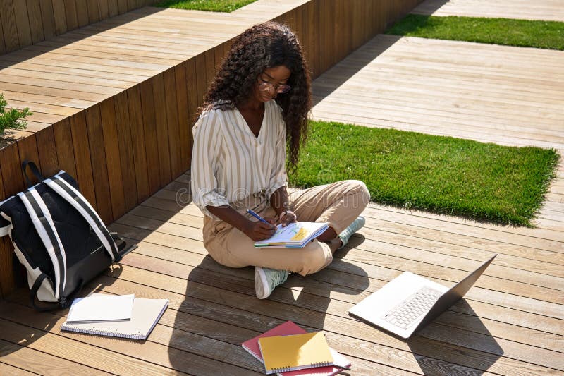 Black Young Woman Student Learning Using Laptop Studying Outside Campus ...